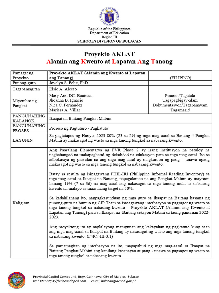 Fvr2 Norzwest Project Aklat Ci Project Proposal Grade 4 2023 | PDF