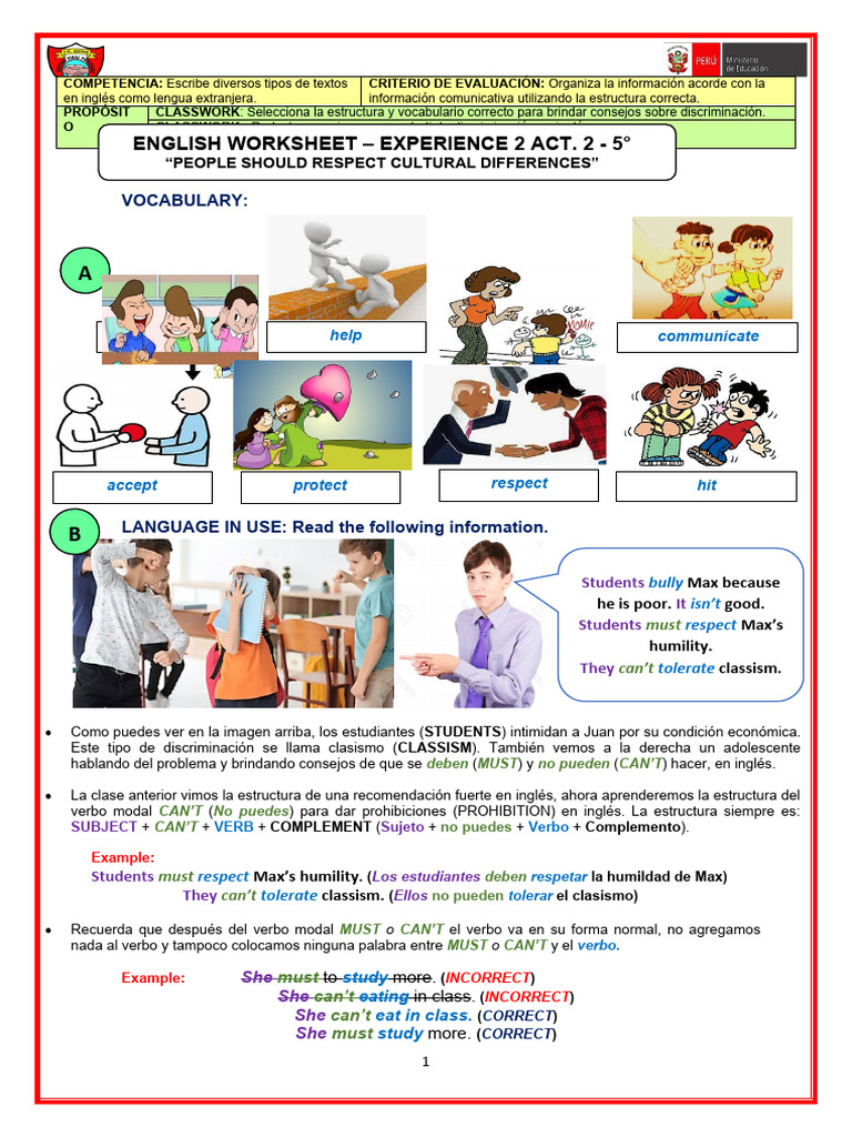 English Worksheet - 5° - Exp. 2 Act. 2 | PDF | Lingüística