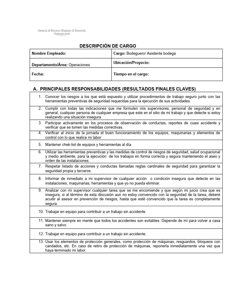 Descriptor de Cargo Bodegero - Asistente Bodega | PDF