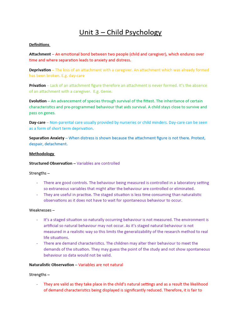 Psychology Unit 3 | PDF | Attachment Theory | Child Care
