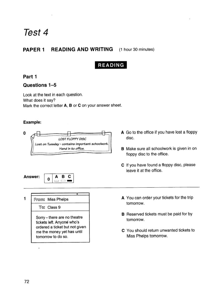 Cambridge PET For Schools 1 - Test 4 | PDF