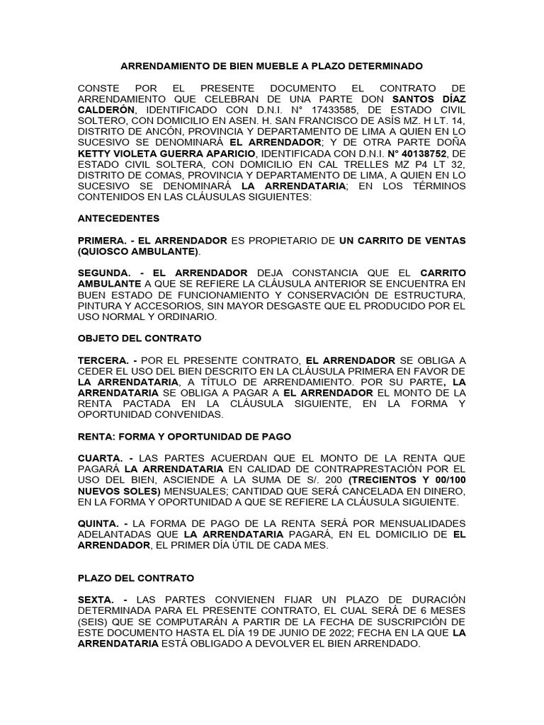 Arrendamiento de Bien Mueble A Plazo Determinado | PDF