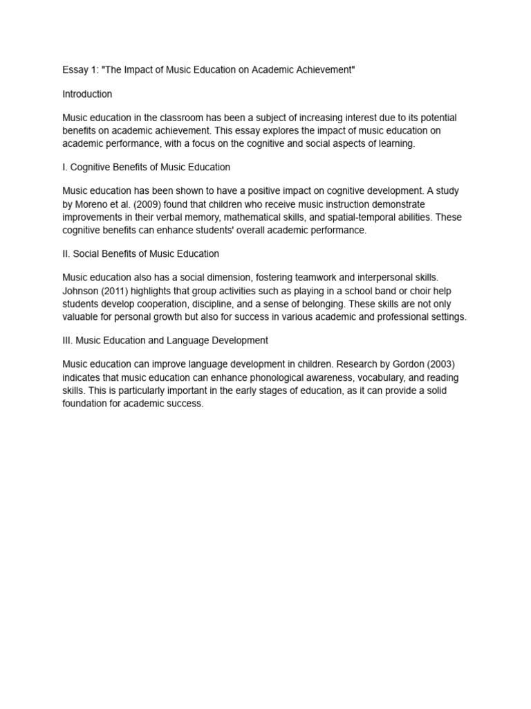 Essay 1 The Impact of Music Education On Academic Achievement | PDF