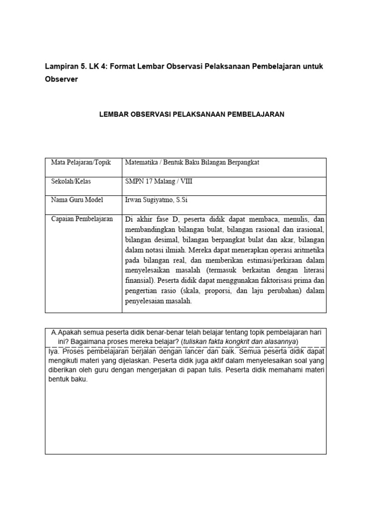 Lampiran 5. LK 4 Format Lembar Observasi Pelaksanaan Pembelajaran Untuk Observer | PDF