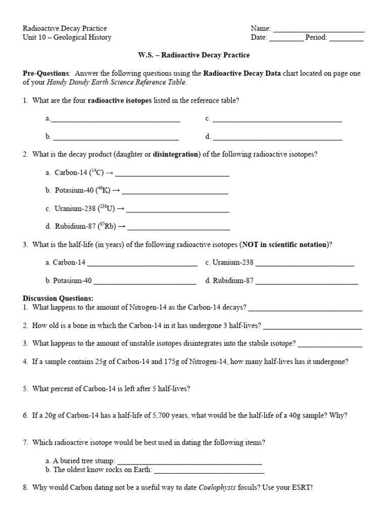 Radioactive Decay Practice Worksheet | PDF | Radioactive Decay | Isotope