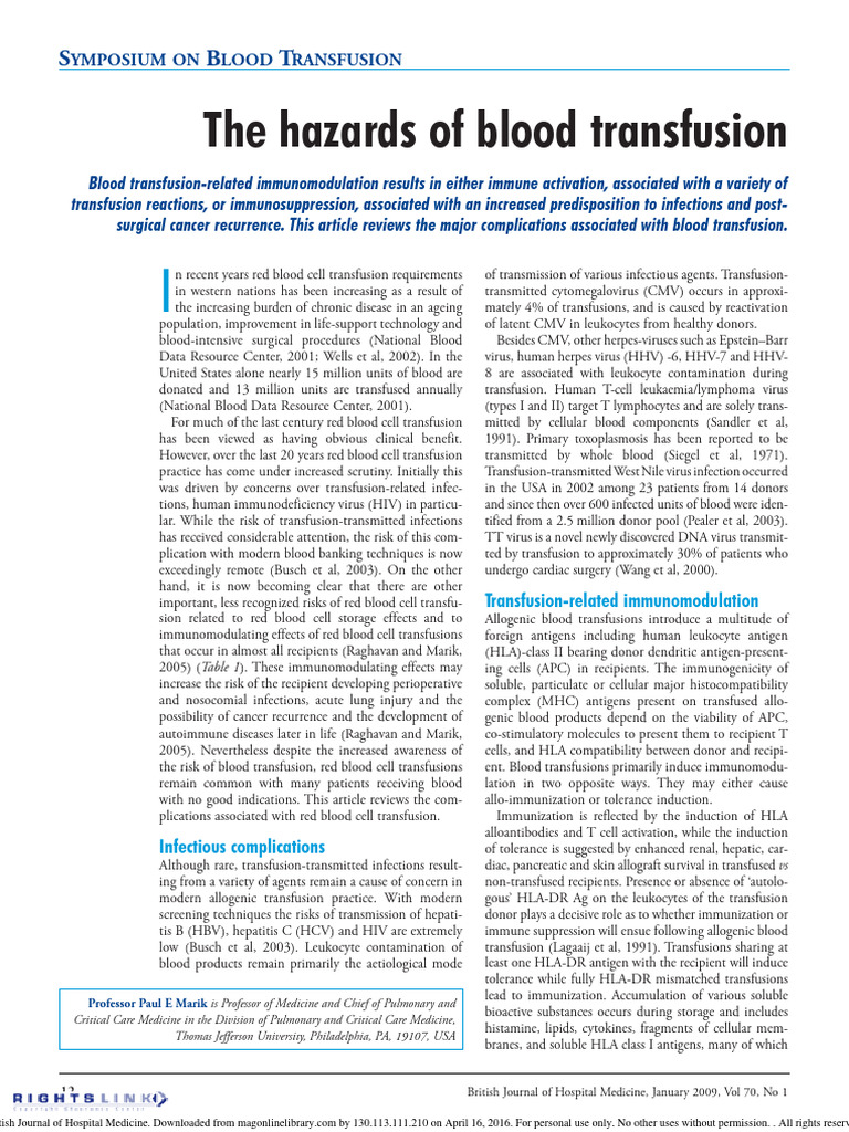 Hazards and Complications of Blood Transfusion | PDF | Science ...