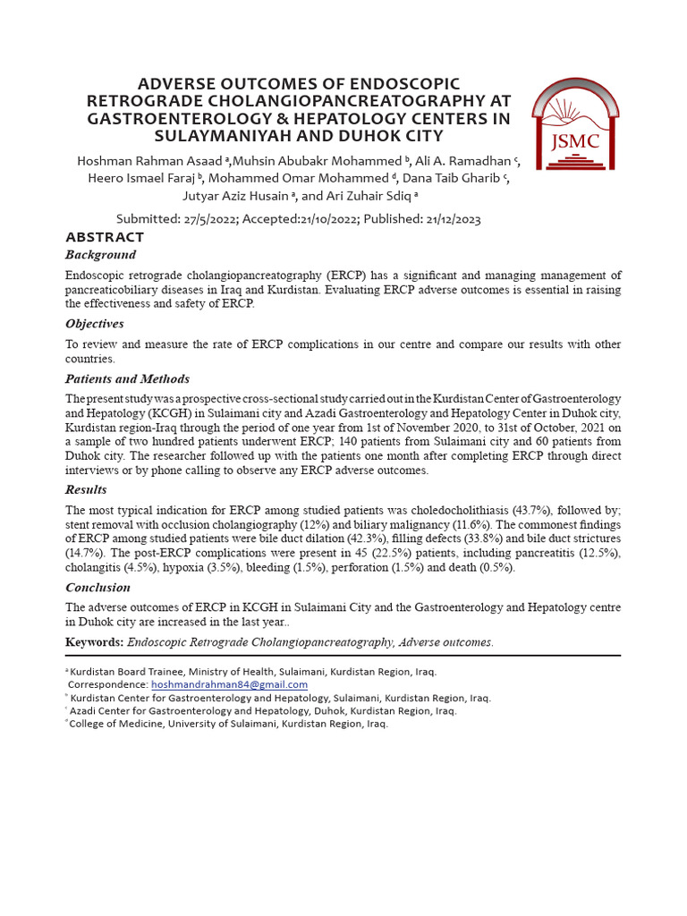 ERCP Complications in Kurdistan Study | PDF | Gastroenterology ...