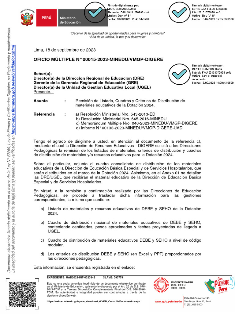 Oficio - Multiple 00015 2023 Minedu VMGP Digere | PDF