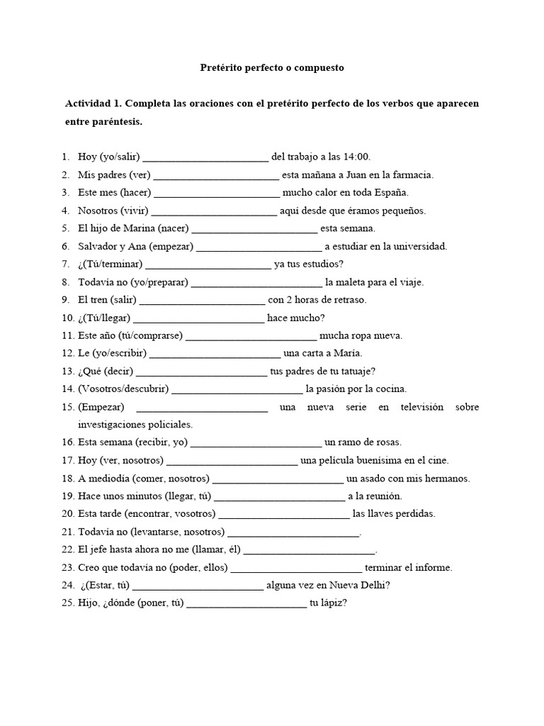 Ejercicios de pretérito perfecto compuesto | PDF