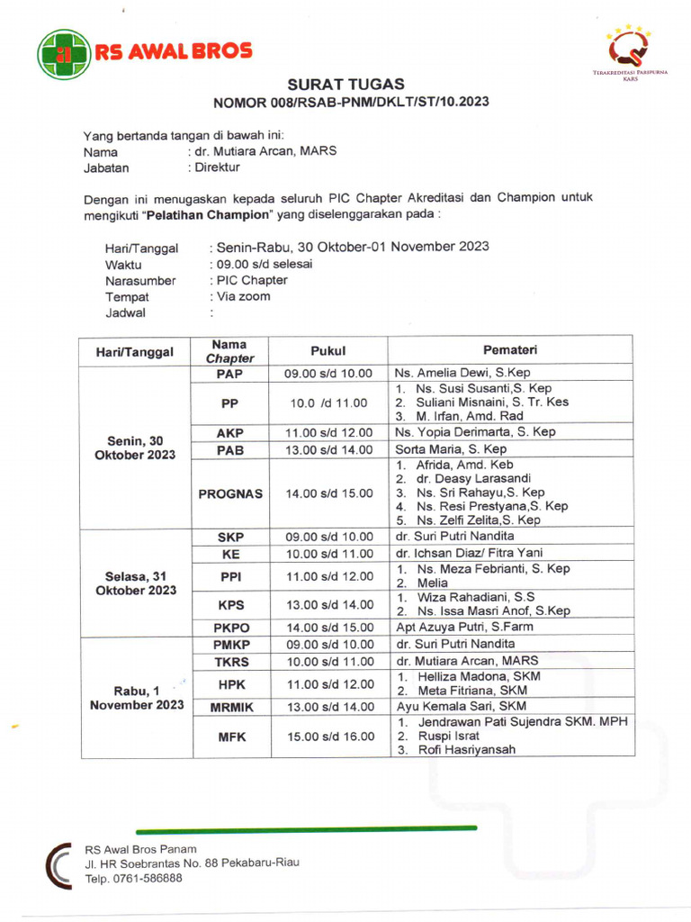 Surat Tugas Pelatihan Champion 2023-1 | PDF