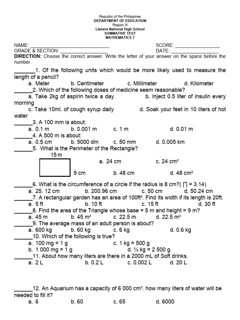 Math 7 Summative Test Questions | PDF | Area | Length