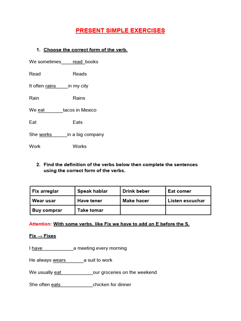 Present Simple Exercises | PDF