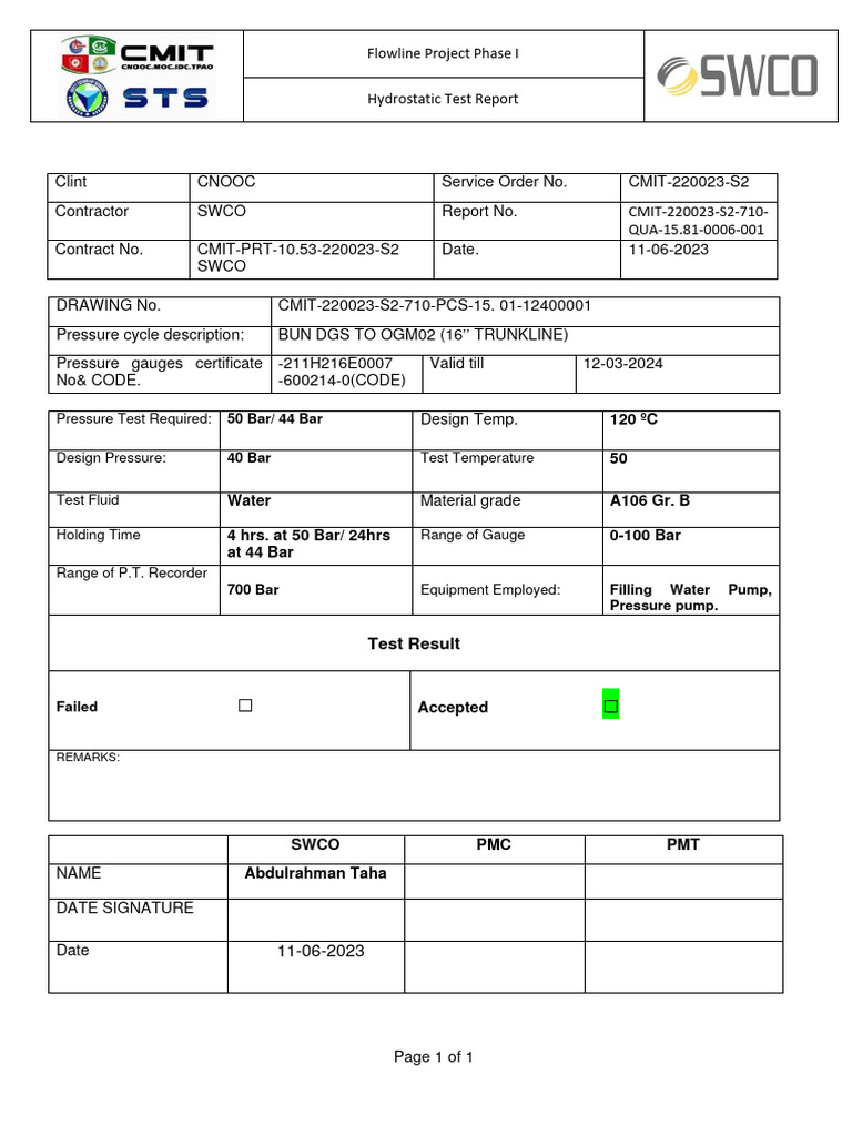Hydrotest Report 16'' PIPELINE-1 | PDF | Technology & Engineering