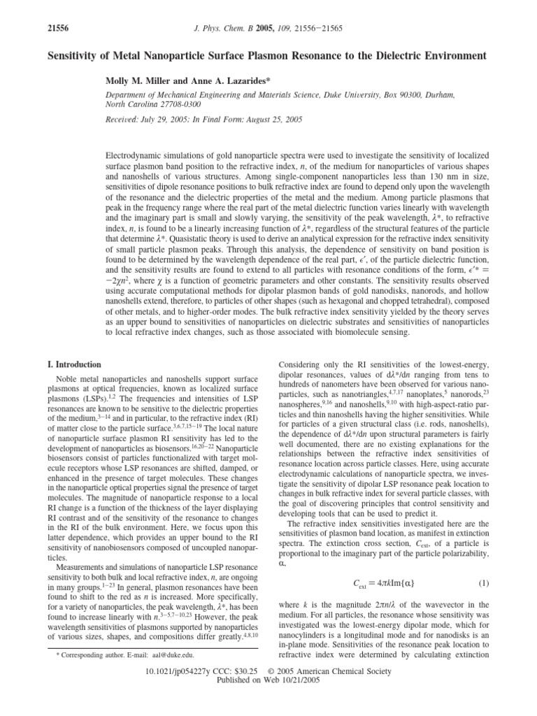 (Miller05) JPhysChemB - Sensitivity of Metal Nanoparticle Surface Plasmon Resonance To The ...