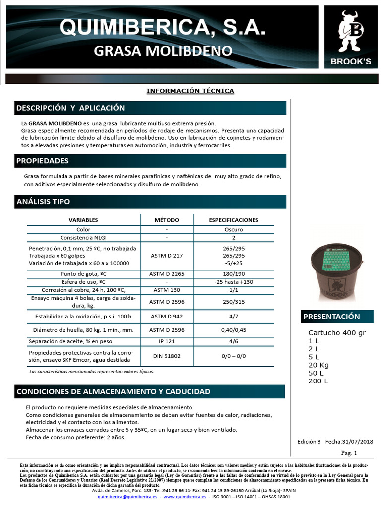 Grasa Molibdeno-Rev03 | PDF | Lubricante | Ciencias fisicas