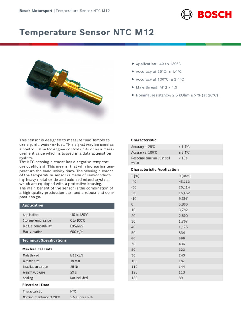 Data Sheet 70101387 Temperature Sensor NTC M12 | PDF | Metrology ...
