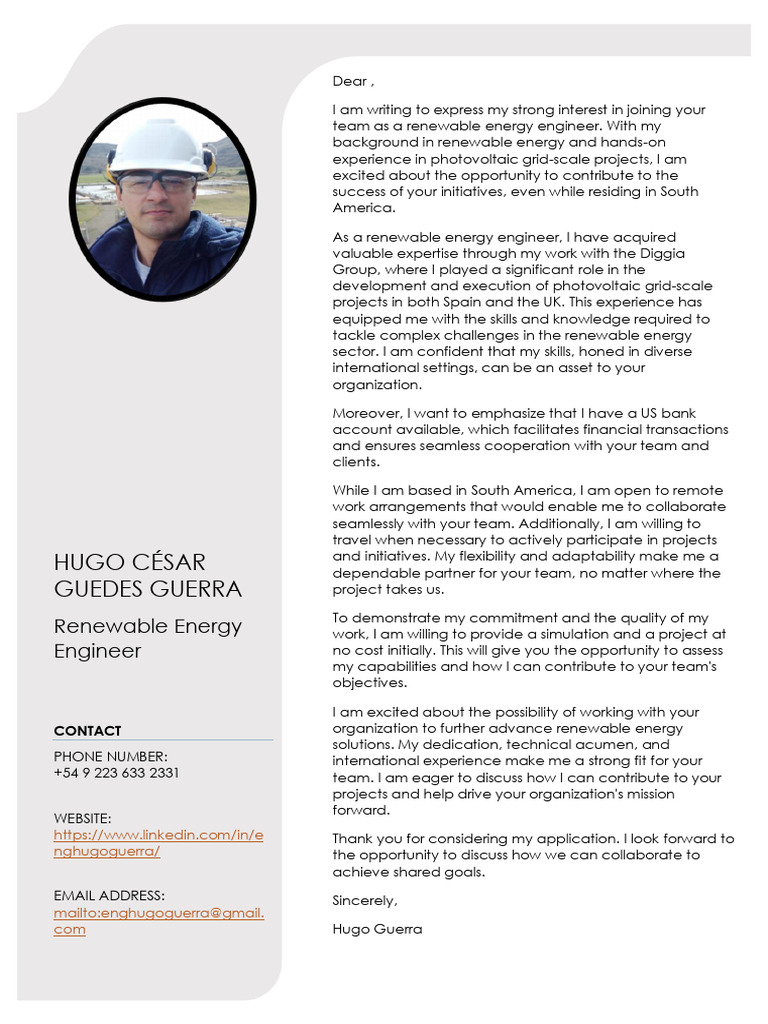 Cover Letter Hugo Guerra Renewable Energy Engineer | PDF | Renewable Energy