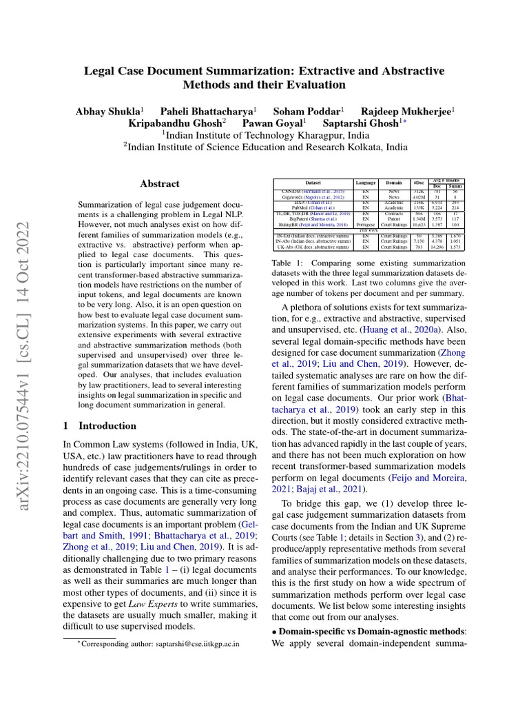 Legal Case Document Summarization: Extractive and Abstractive Methods ...