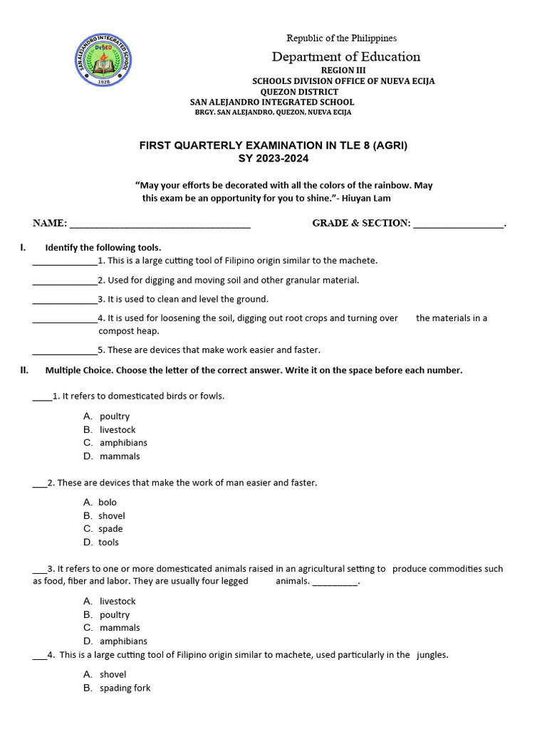 TLE 8 Agriculture Quarterly Exam Guide | PDF