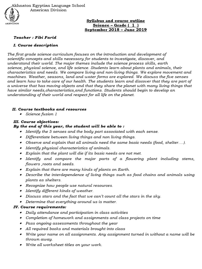 Syllabus and Course Outline Template Grade 1 | PDF | Science | Life