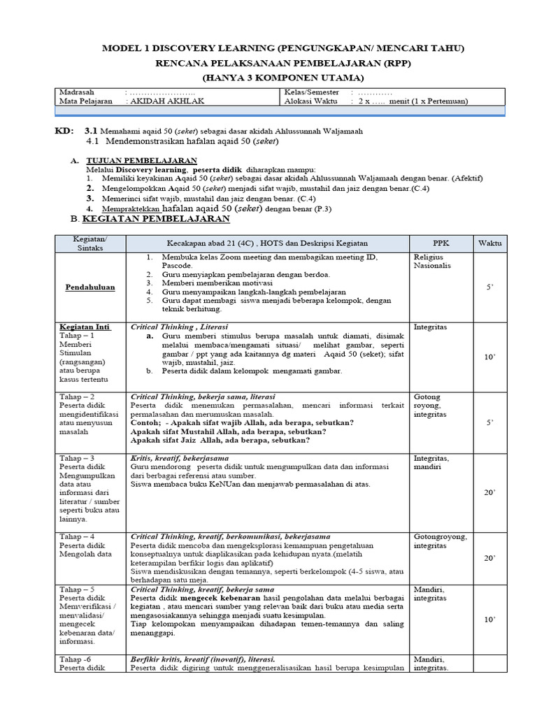 RPP Daring Model Discovery Learning (Mencari Tahu) | PDF
