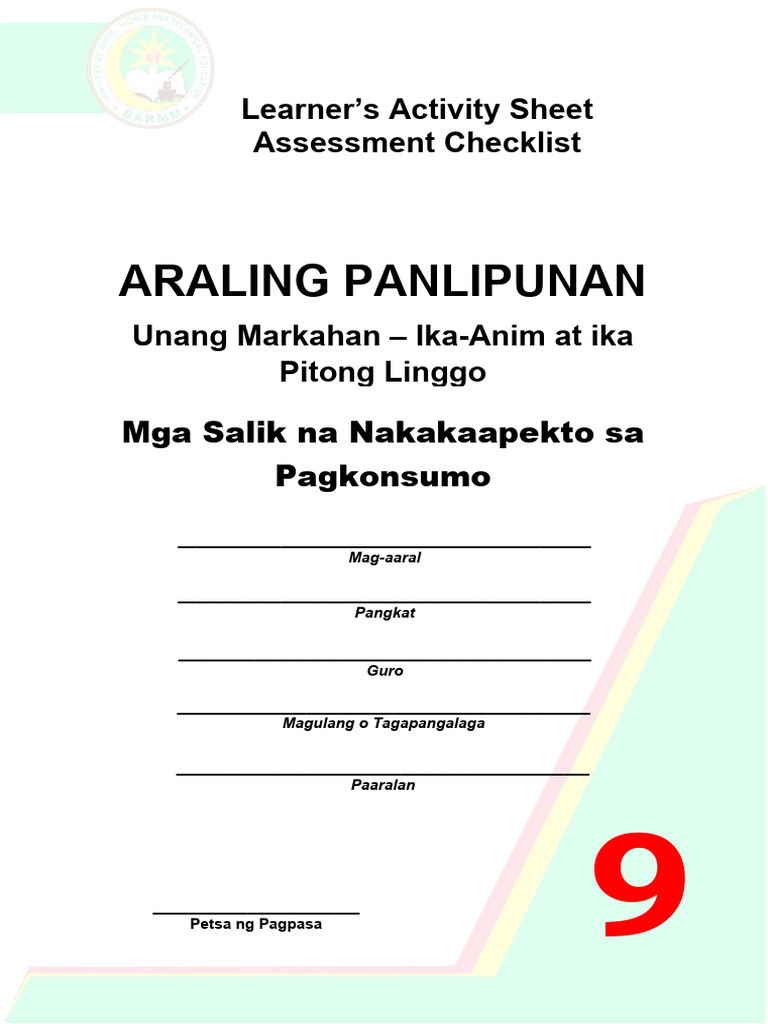Araling Panlipunan: Learner's Activity Sheet Assessment Checklist | PDF