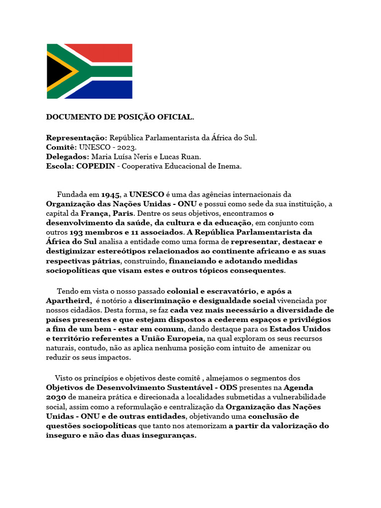 Documento de Posição Oficial - África Do Sul. | PDF
