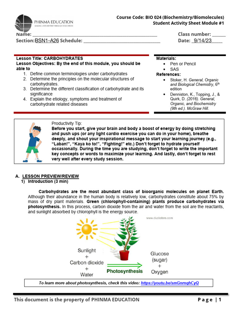 SAS For Biochemistry BIO 024 Module 1 | PDF | Carbohydrates | Glucose
