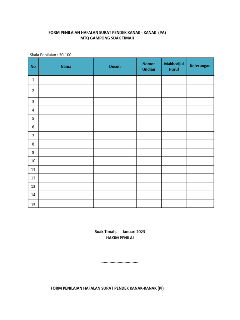 Form Penilaian Hafalan Surat Pendek | PDF