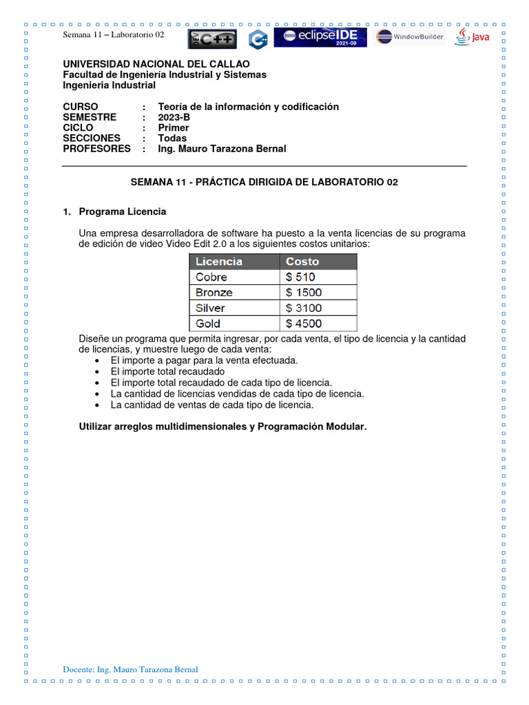 2023 B - TIC - IsEE101 - 02S (91G) - Semana 11 - PD - Lab02 - Arreglos Bidimensionales | PDF ...