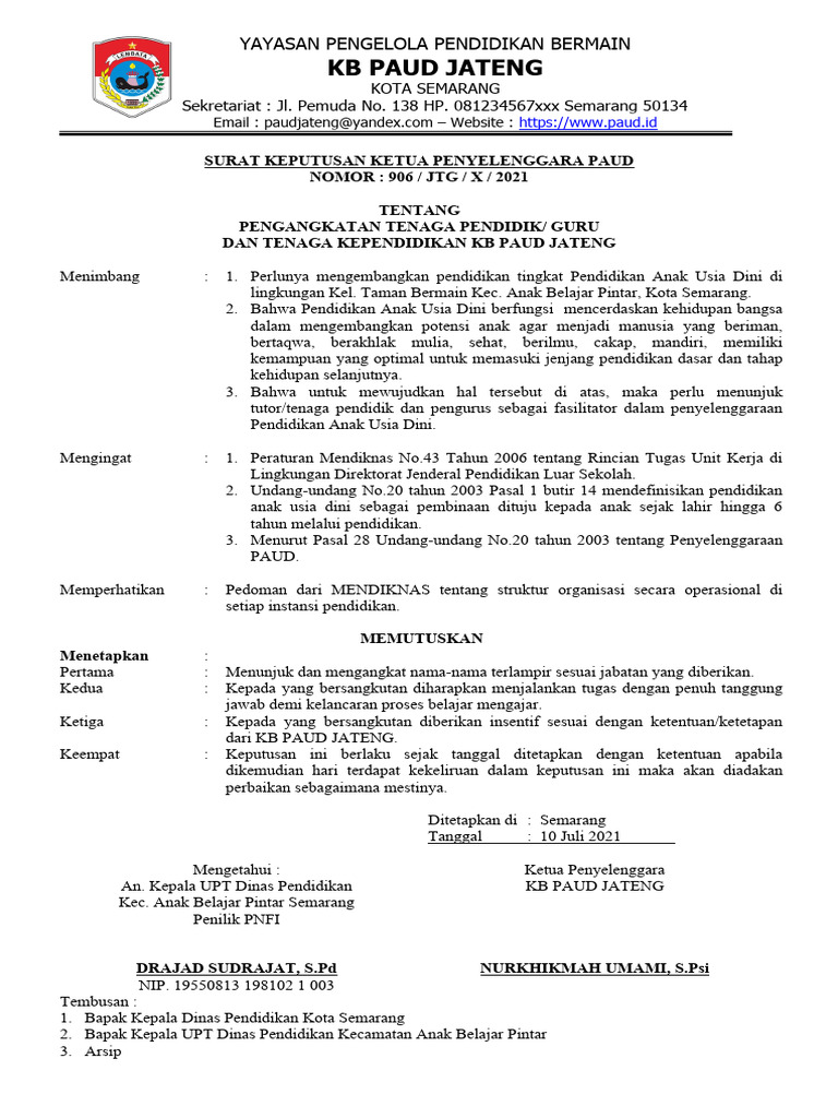 SK Pengangkatan Guru Paud TK KB | PDF