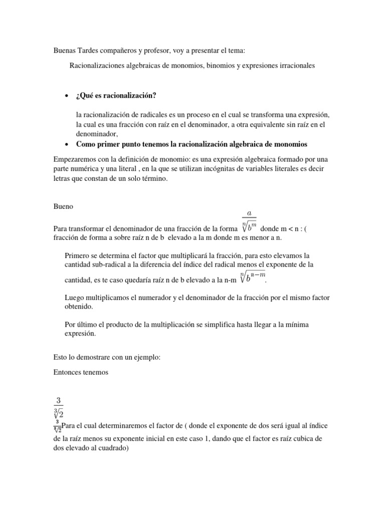 Exposicion de Racionalizacion | PDF | División (Matemáticas) | Números