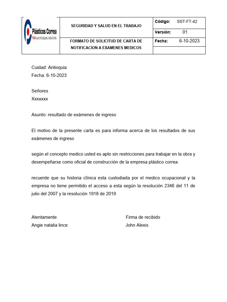 Carta de Solicitud Examenes Medicos | PDF