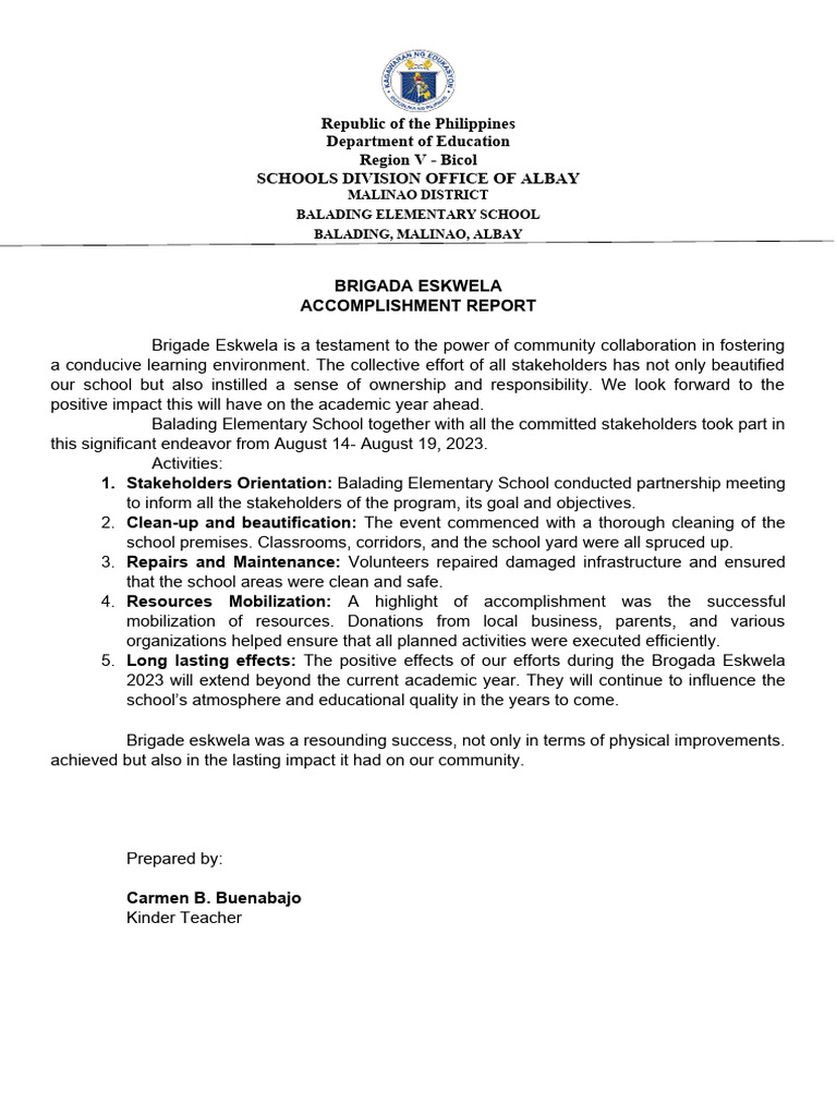 Brigada Eskwela Accomplishment | PDF