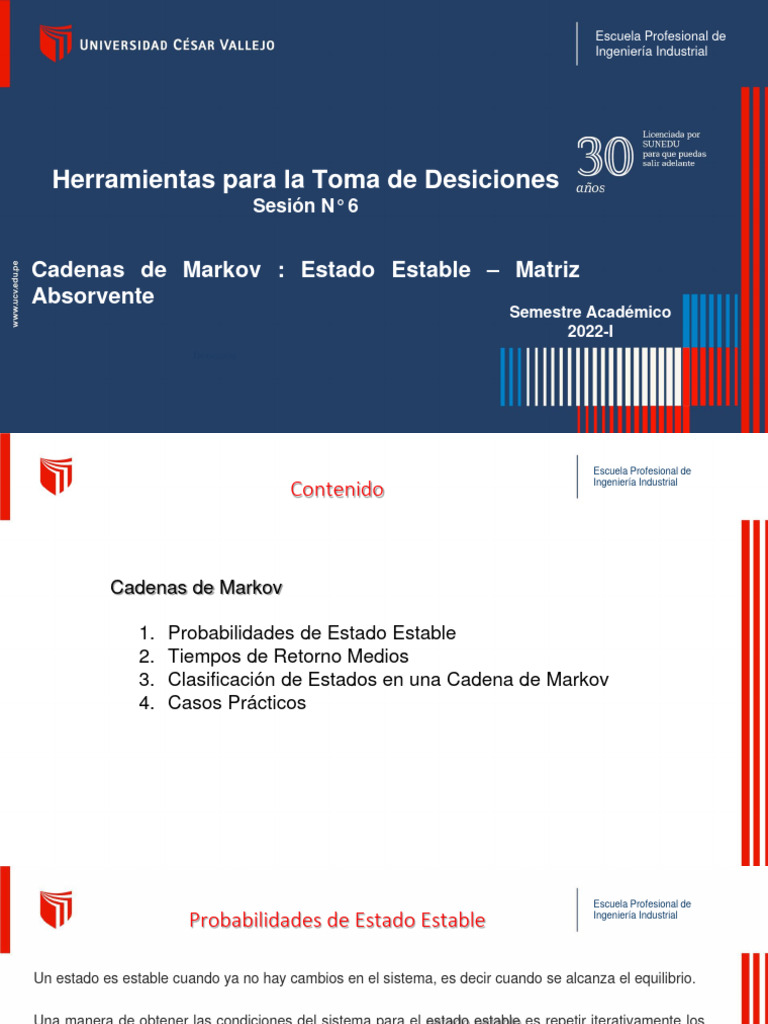Sesión 06 - Cadenas Markov - Estado Estable - Matriz Absorvente | PDF | Cadena Markov | Ecuaciones