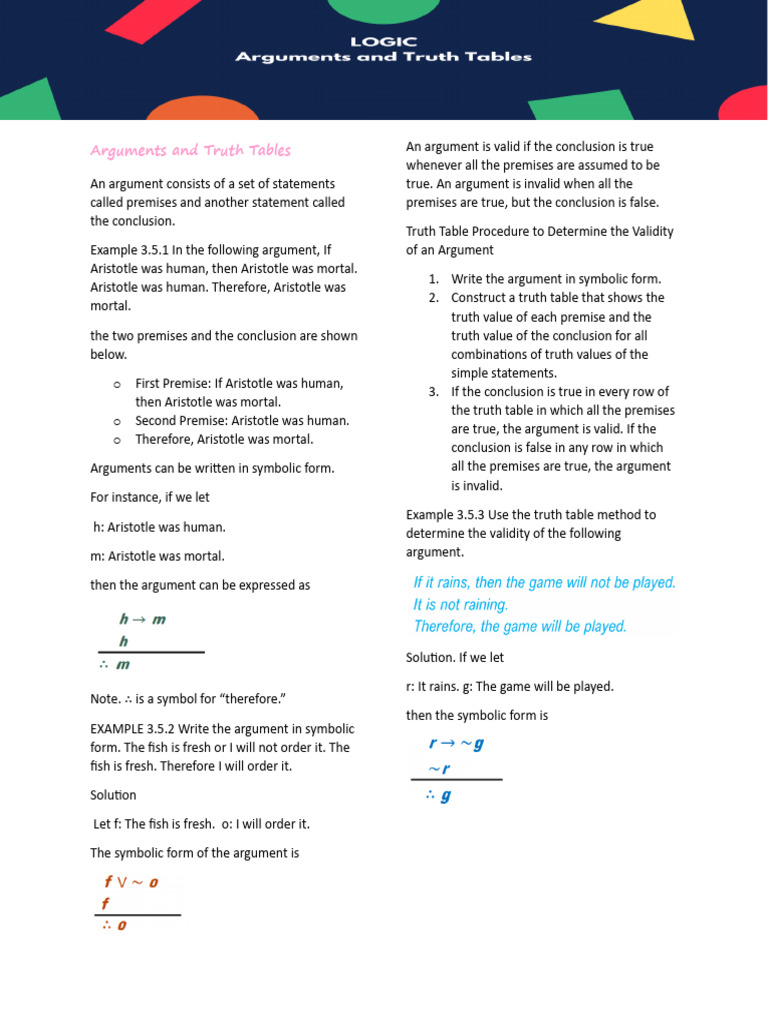 MATH 4 Arguments and Truth Tables Handout | PDF | Argument | Epistemology