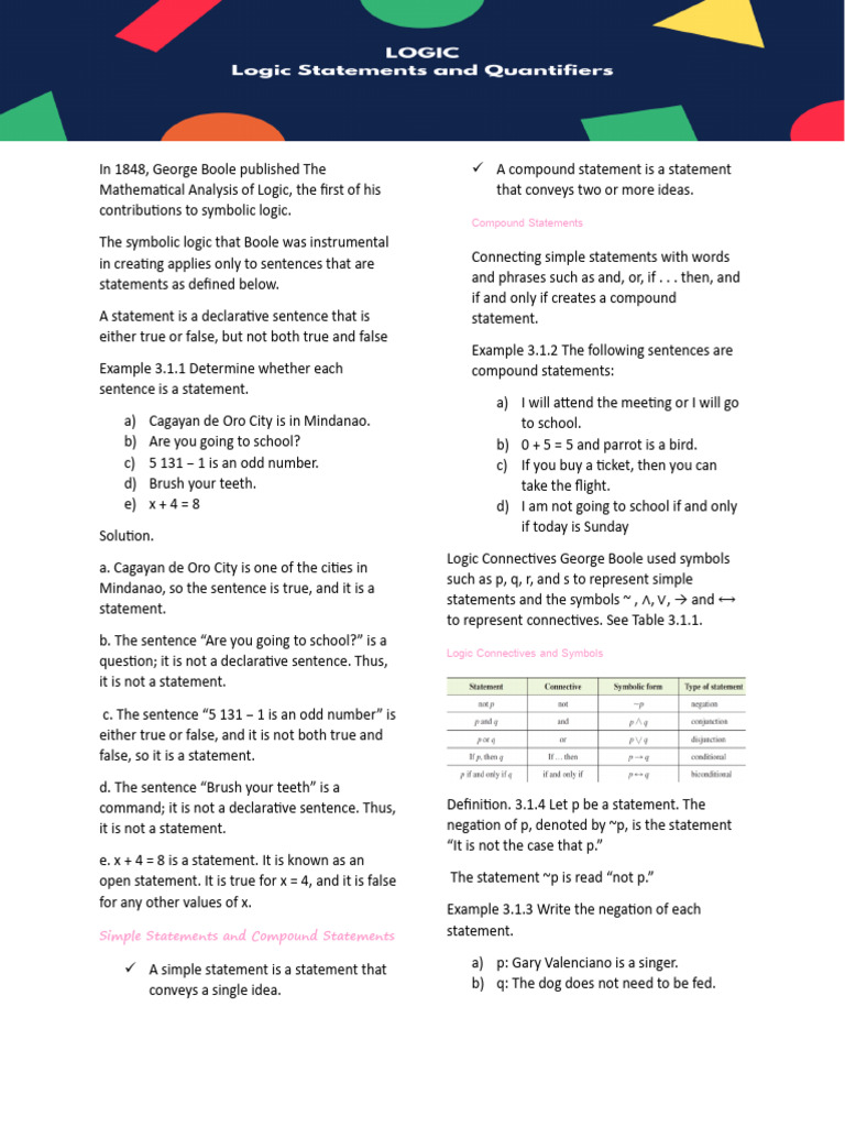 MATH 4 Logic Statements and Quantifiers Handout | Download Free PDF ...