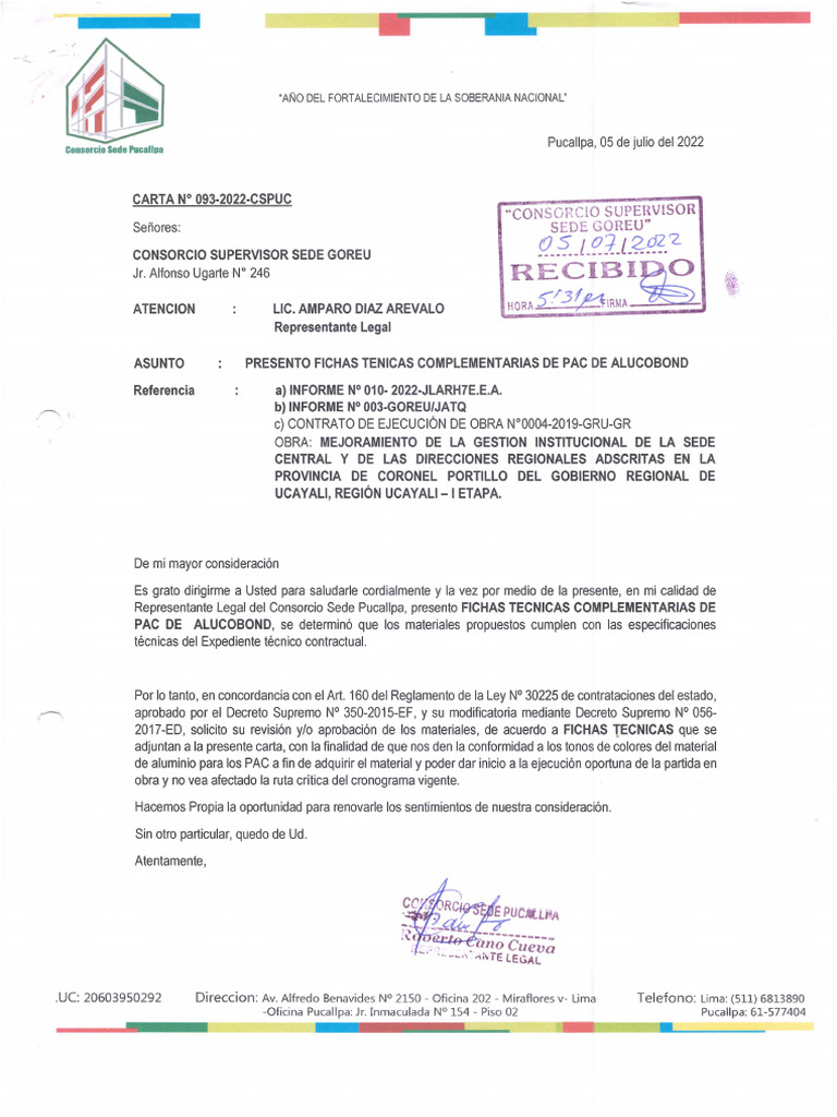 Carta #093-2022-Cspuc Presento Fichas T Ecnicas Complementarias de Pac de Alocubond. | PDF