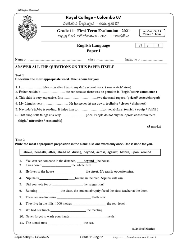 3.0 English Royal College Term Test Papers 2021 | Download Free PDF ...