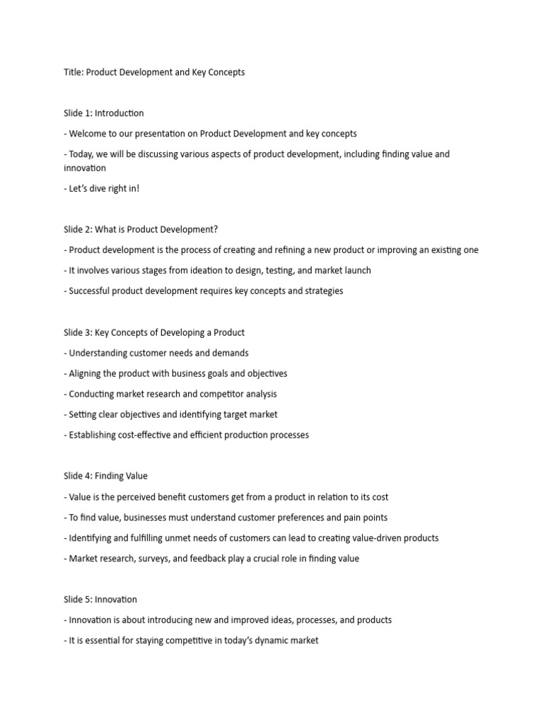 Product Development and Key Concepts | PDF | Innovation | Marketing