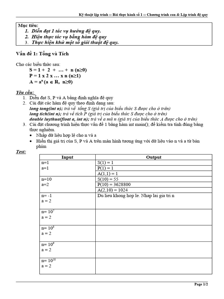 (Thuc Hanh) - Bai So 01 - Ky Thuat de Quy | PDF