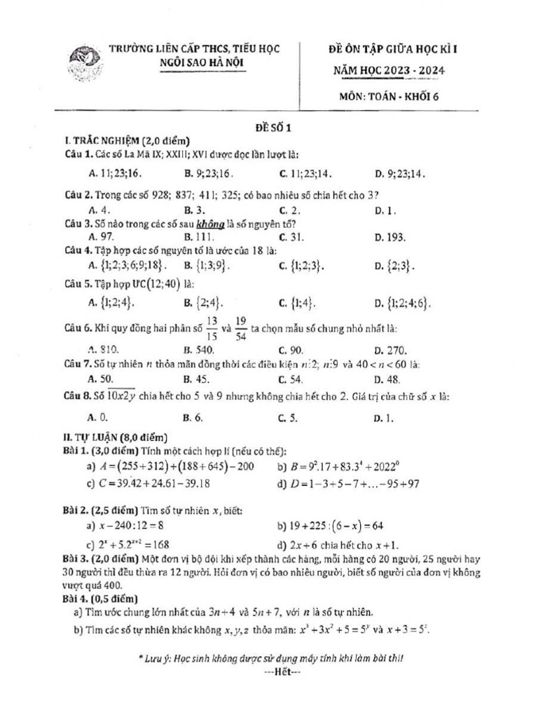 Bo de On Tap Giua Ki 1 Toan 6 Nam 2023 2024 Truong Ththcs Ngoi Sao Ha Noi | PDF