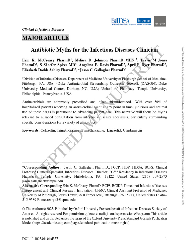 Antibiotic Myths For The Infectious Diseases Clinician | PDF ...