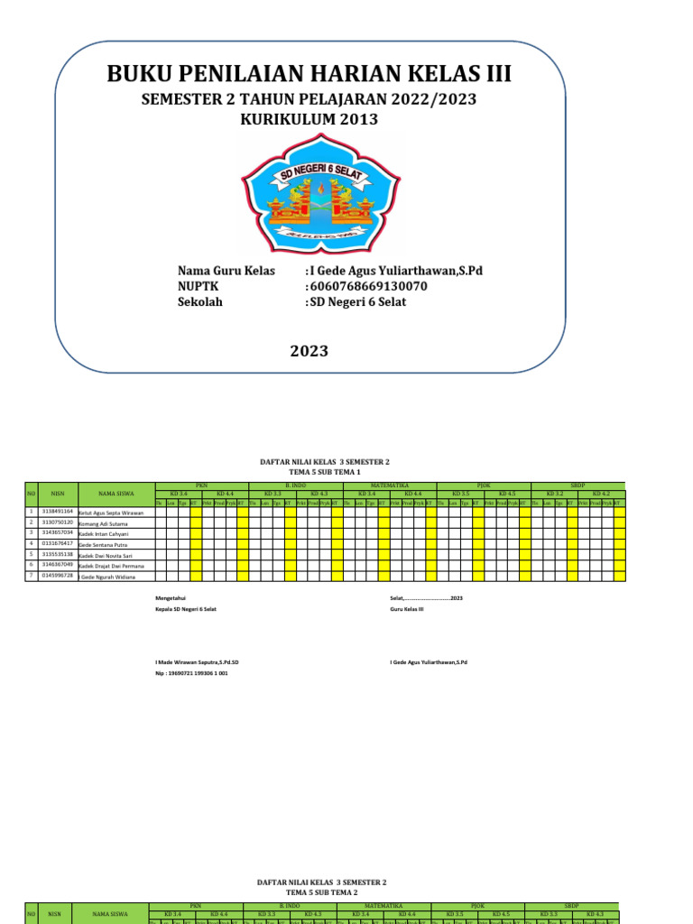 Format Daftar Nilai Harian Kelas III | PDF Format Daftar Nilai Harian Kelas III | PDF