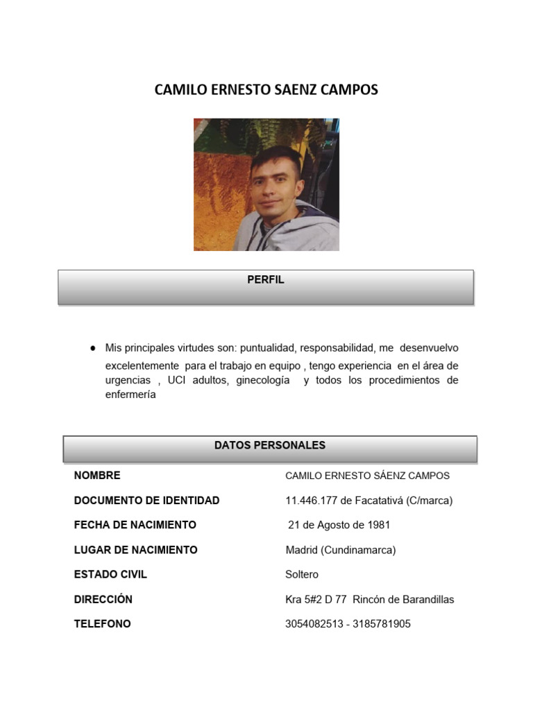 Camilo Sáenz: Enfermero Auxiliar Experto | PDF | Enfermería | Hospital