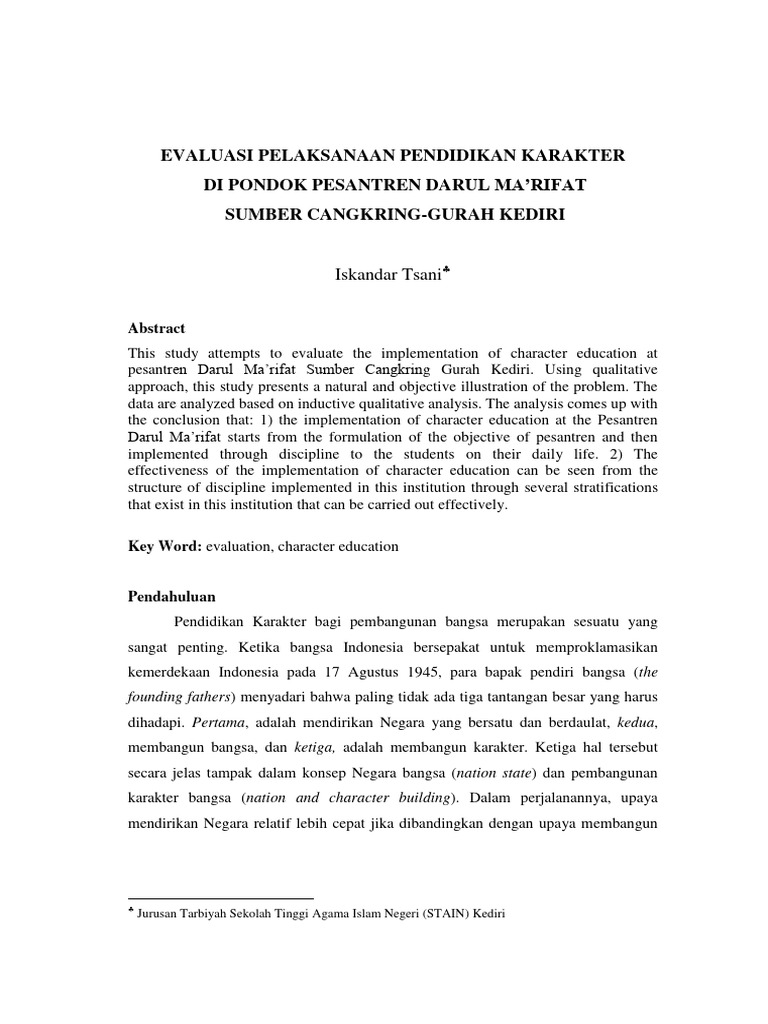Evaluasi Pelaksanaan Pendidikan Karakter Di Pondok Pesantren Darul Ma'Rifat Sumber Cangkring ...