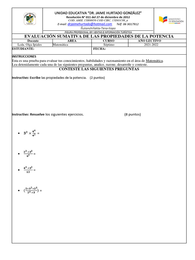 Evaluación Matemática Séptimo Grado | PDF