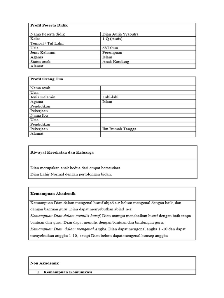 Asesmen AUTIS Kelas 1 | PDF