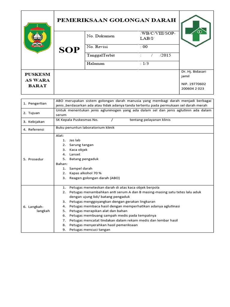Sop Pemeriksaan Golongan Darah Pdf