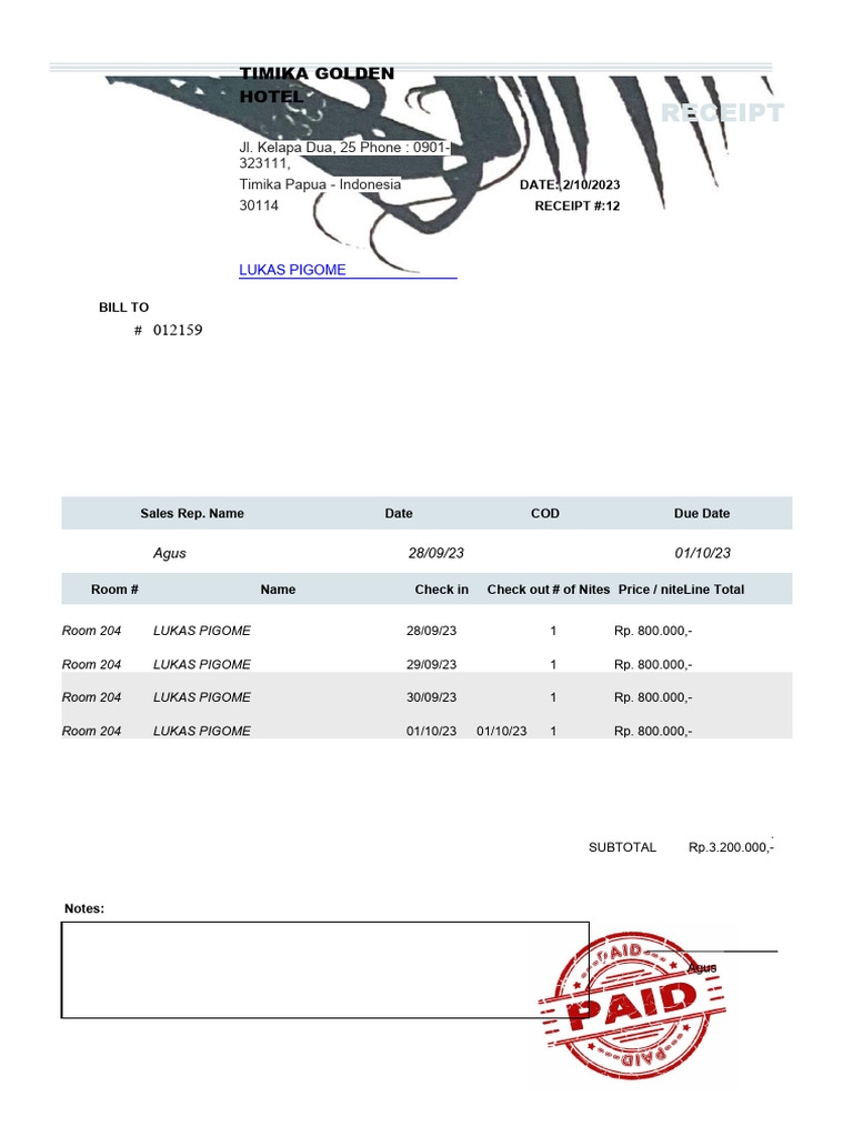 1 Contoh Bill Hotel Secara Umum | PDF
